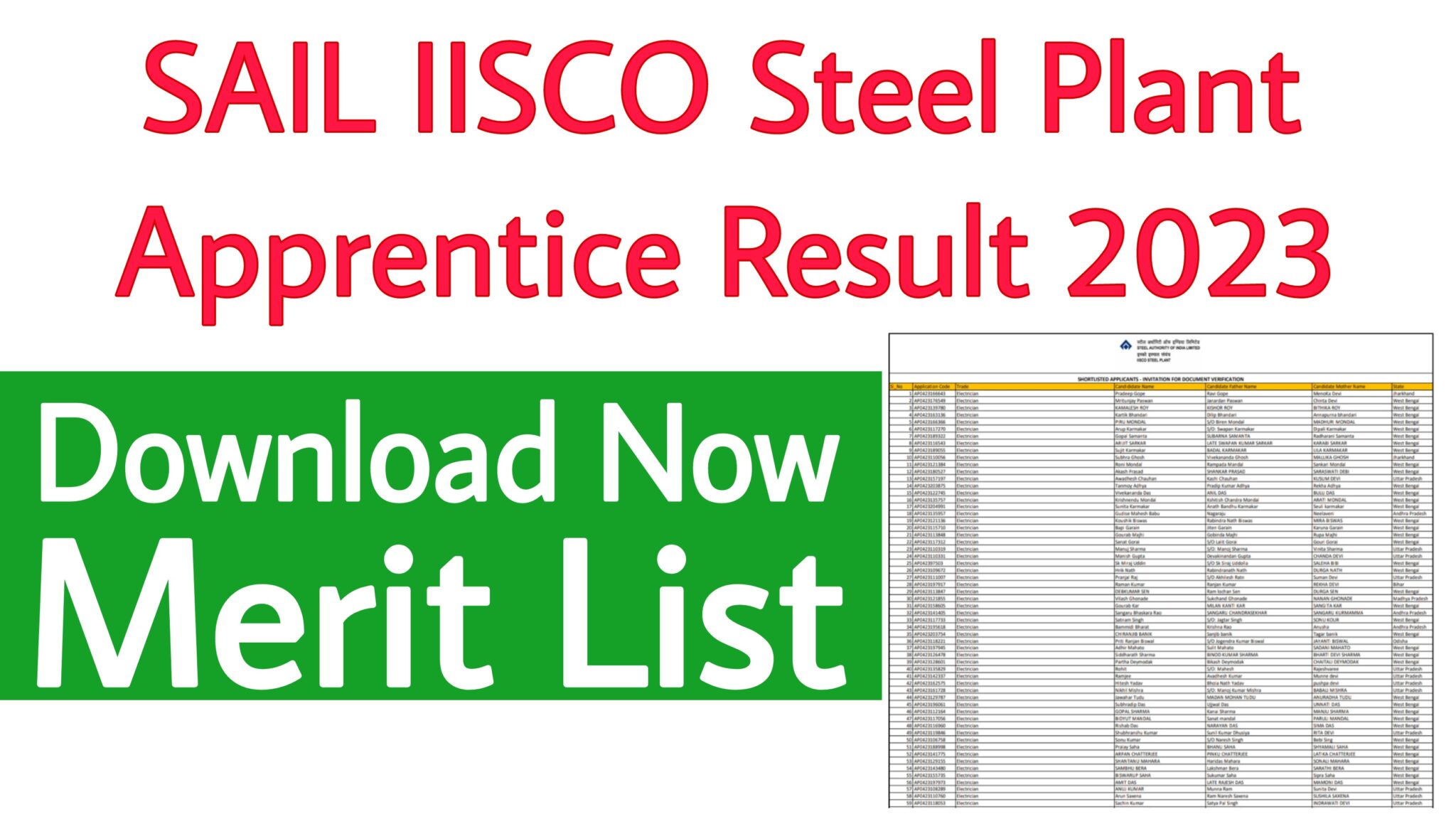 SAIL IISCO Steel Plant Apprentice Result 2023 - ITI Education