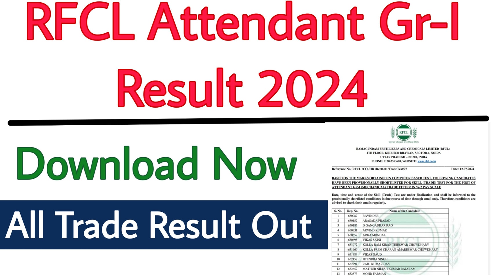 RFCL Attendant Gr-I Result 2024 - ITI Education